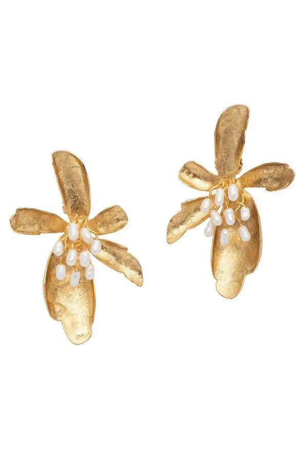 Natori Fresh Water Pearl & Plated Peony Cluster Pierced Earrings - Gold