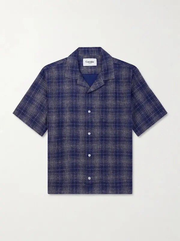 CORRIDOR Camp-collar Checked Cotton And Linen-blend Gauze Shirt - Blue