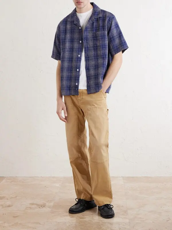 CORRIDOR Camp-collar Checked Cotton And Linen-blend Gauze Shirt - Blue