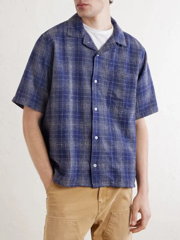 CORRIDOR Camp-collar Checked Cotton And Linen-blend Gauze Shirt - Blue