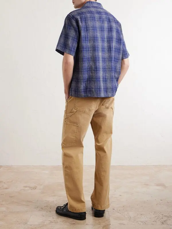 CORRIDOR Camp-collar Checked Cotton And Linen-blend Gauze Shirt - Blue