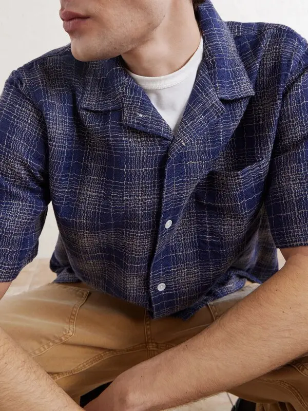 CORRIDOR Camp-collar Checked Cotton And Linen-blend Gauze Shirt - Blue