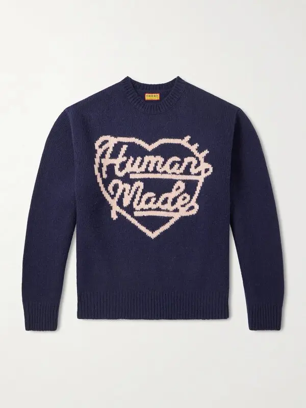 HUMAN MADE Logo Intarsia Wool Blend Sweater - Blue