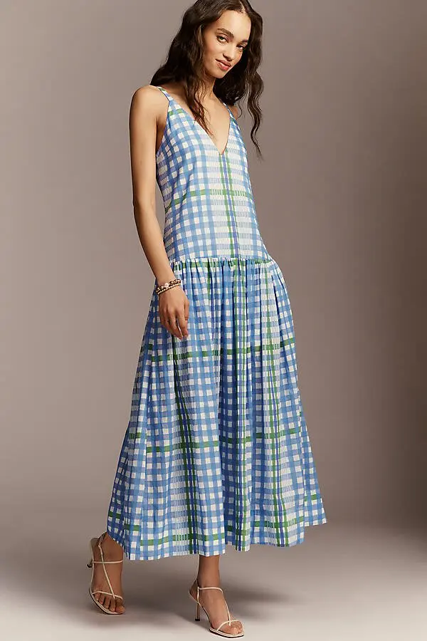 DE LORETA Drop-waist Sleeveless V-neck Maxi Dress - Blue Pattern