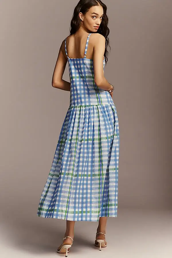 DE LORETA Drop-waist Sleeveless V-neck Maxi Dress - Blue Pattern