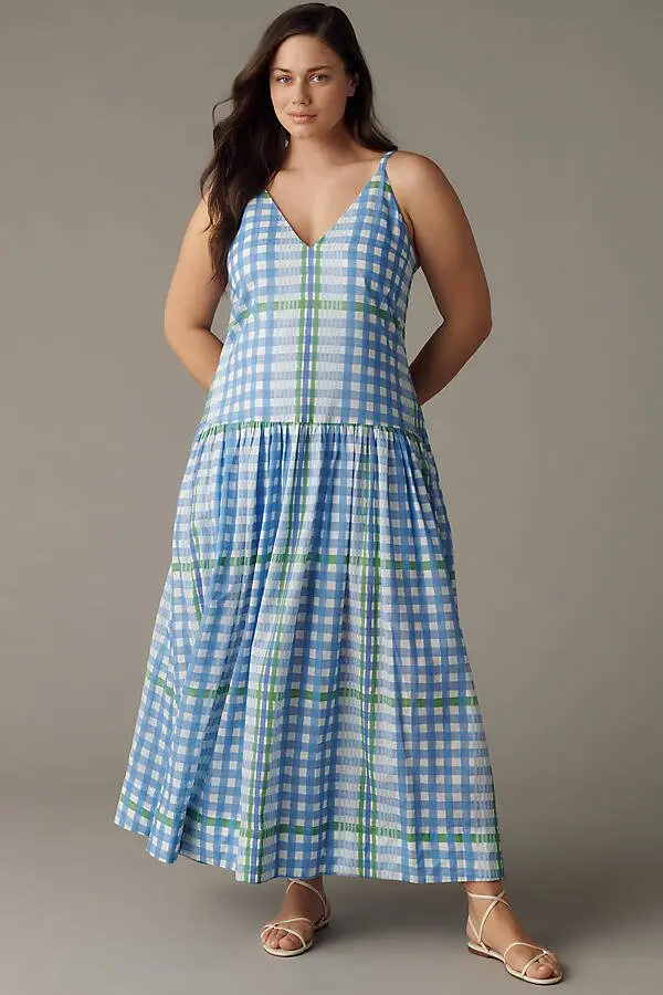 DE LORETA Drop-waist Sleeveless V-neck Maxi Dress - Blue Pattern