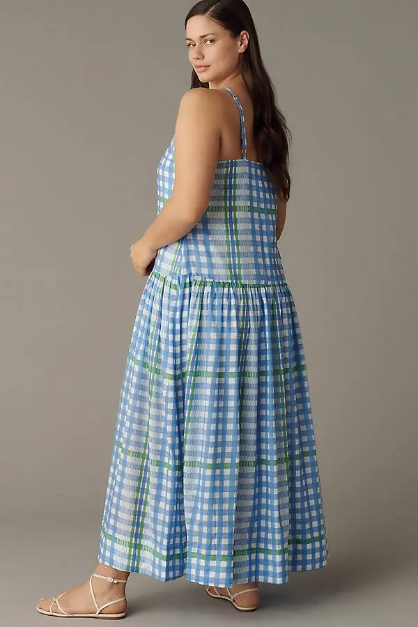 DE LORETA Drop-waist Sleeveless V-neck Maxi Dress - Blue Pattern
