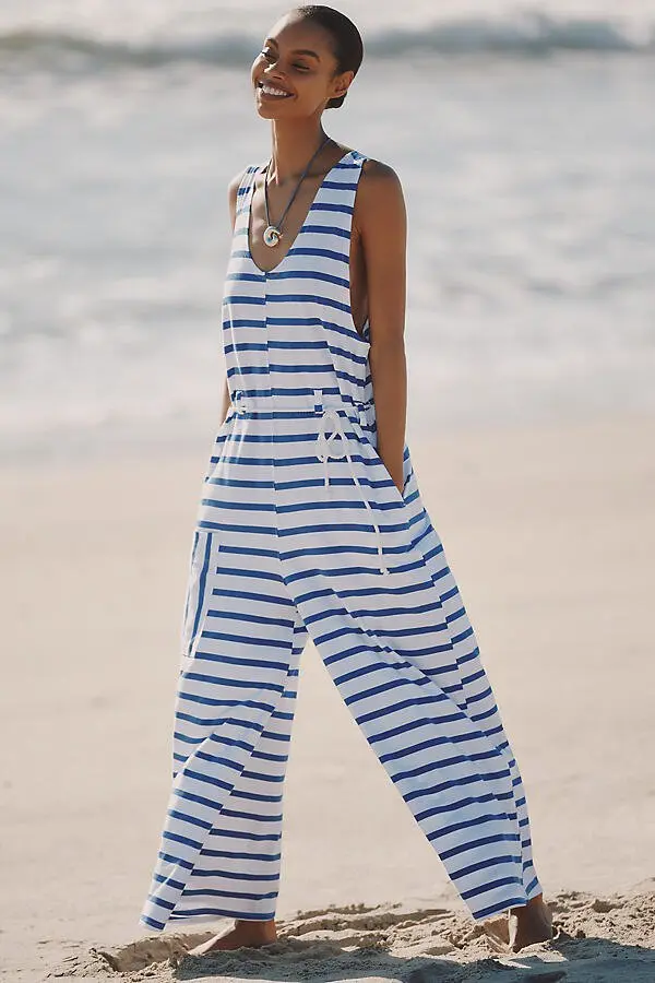 CELANDINE Coral Coast Knit Jumpsuit - Blue/white Stripe