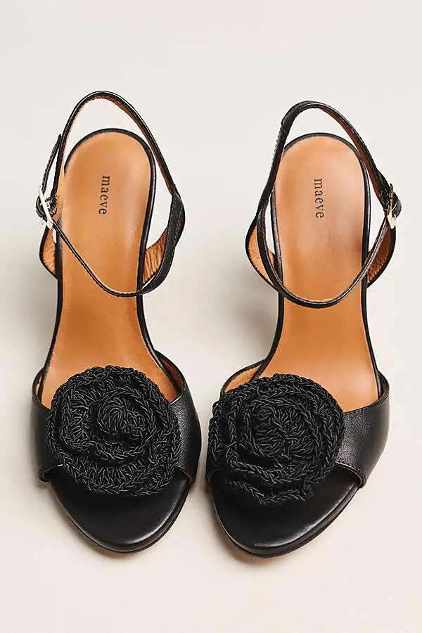 Maeve Crochet Flower Open-toe Heels - Black