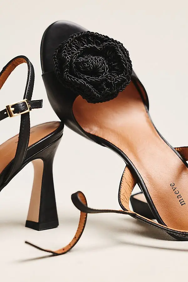 Maeve Crochet Flower Open-toe Heels - Black