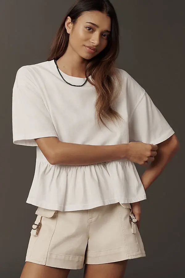 The Great. Oversized Ruffle T-shirt Top - True White