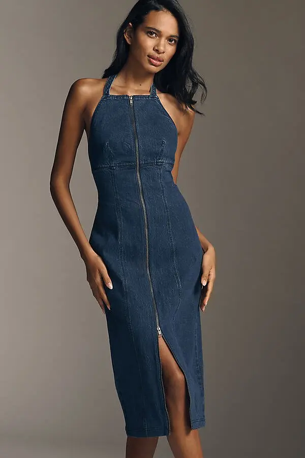 PILCRO Zip-front Denim Halter Midi Dress - Dark Denim