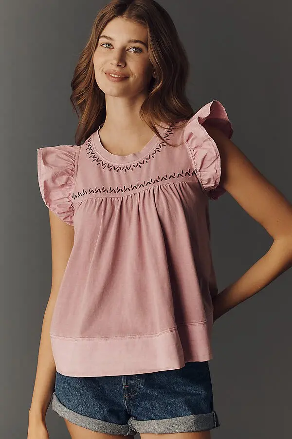 Anthropologie Pintuck Flutter-sleeve Top - Orchid
