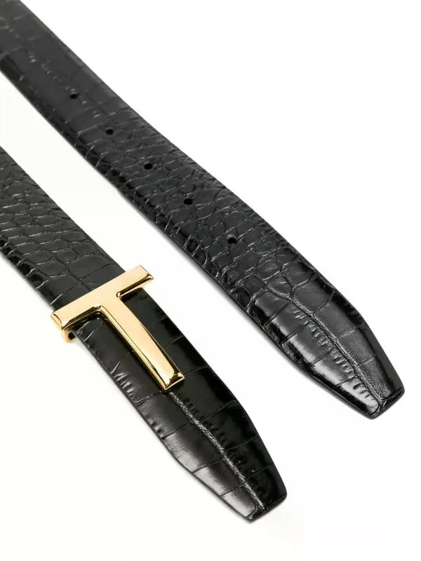 TOM FORD T-buckle Croc-effect Belt - Black