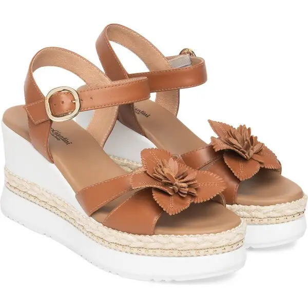 NEROGIARDINI Floral Platform Wedge Sandal - Cognac