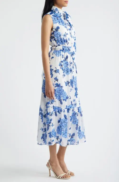 Anne Klein Floral Stripe Mock Neck Midi Dress