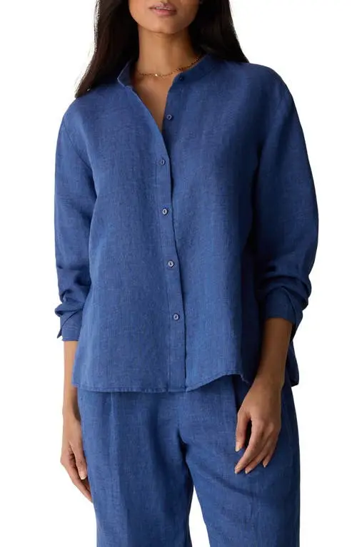 Eileen Fisher Mandarin Collar Long Sleeve Linen Shirt