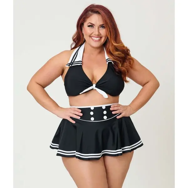 Unique Vintage Collared Halter Swim Top - Black W/white Accents