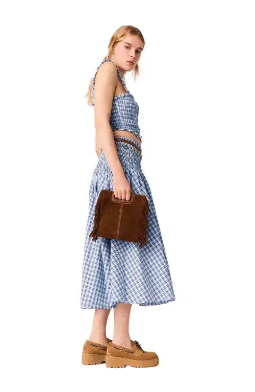 Maje Smocked Rhinestone Cotton Top - Blue Check Print