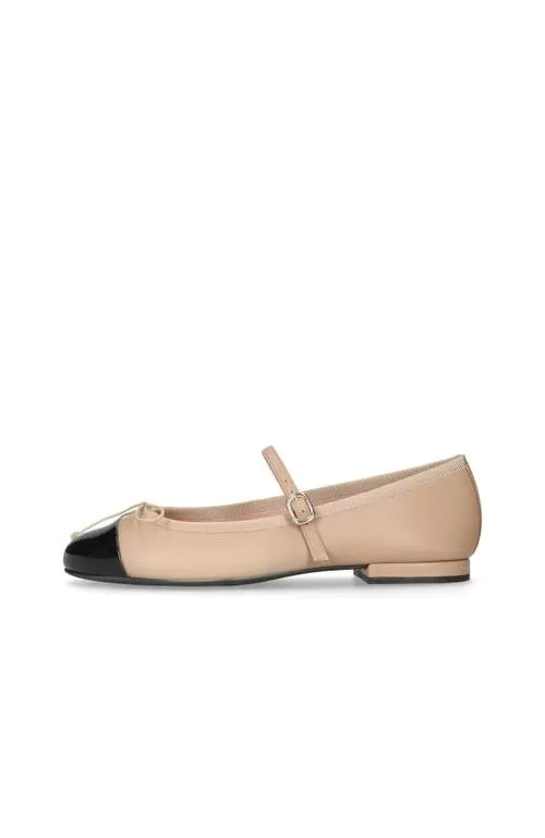 Pretty Ballerinas Round Toe Ballet Flat With Heel And Strap - Beige