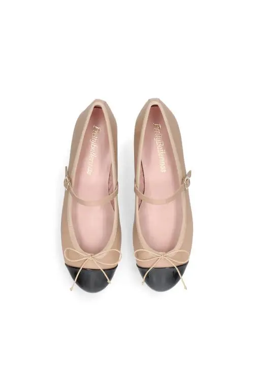 Pretty Ballerinas Round Toe Ballet Flat With Heel And Strap - Beige