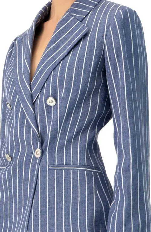 IVONNE Striped Double-breasted Blazer - Blue