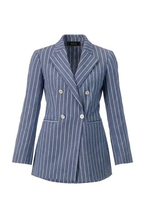 IVONNE Striped Double-breasted Blazer - Blue