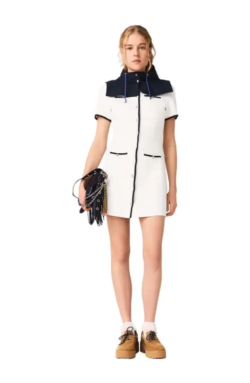 Maje Short Knit Dress With Pockets And Trim - Ecru