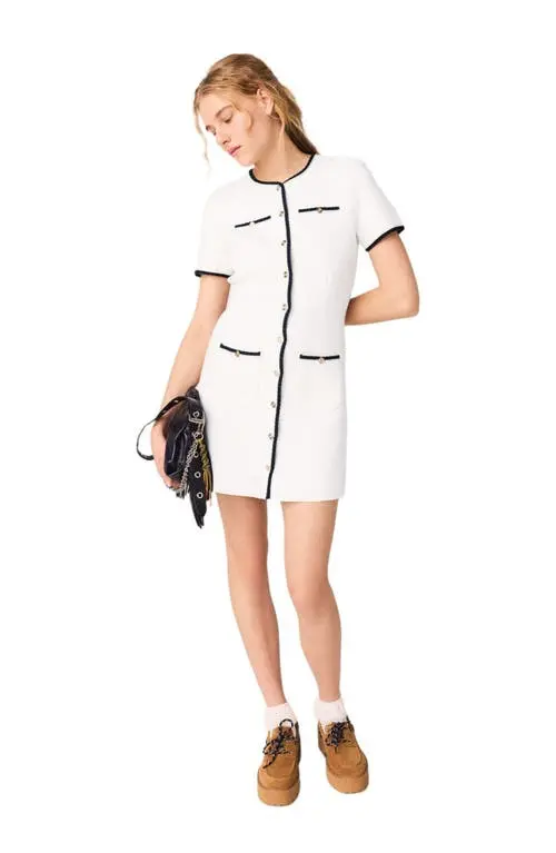 Maje Short Knit Dress With Pockets And Trim - Ecru