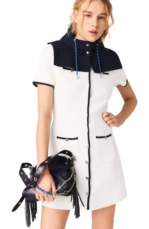 Maje Short Knit Dress With Pockets And Trim - Ecru