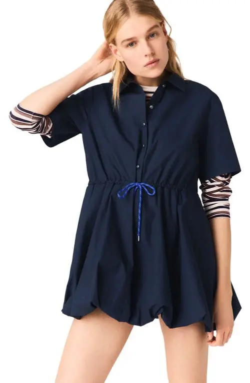 Maje Cotton Shirt Dress With Braided Drawstring - Navy