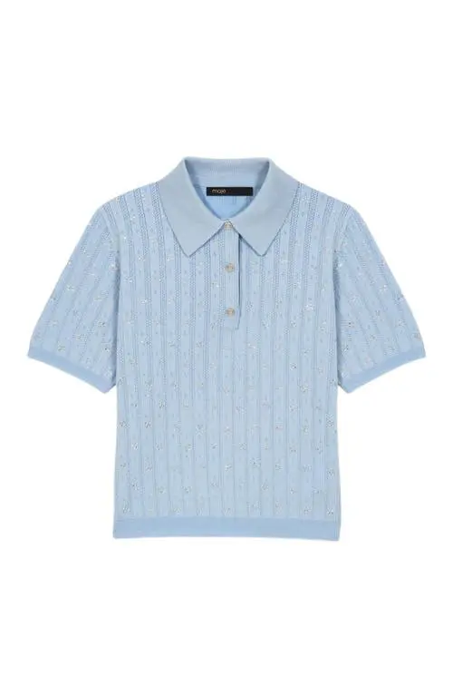 Maje Cropped Knit Polo Shirt With Rhinestones - Blue Sky