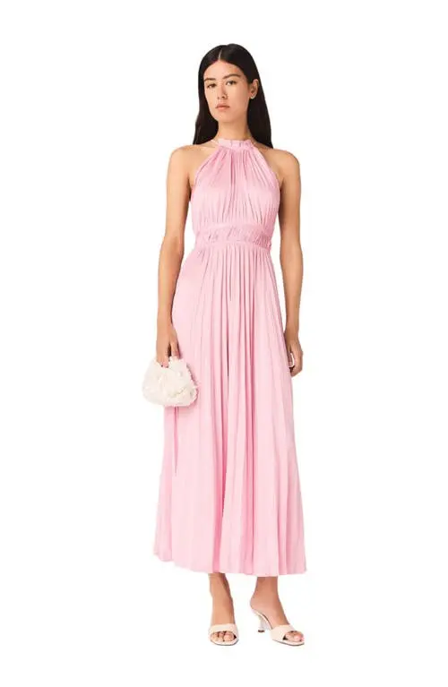 Maje Pleated Maxi Halterneck Dress - Pink