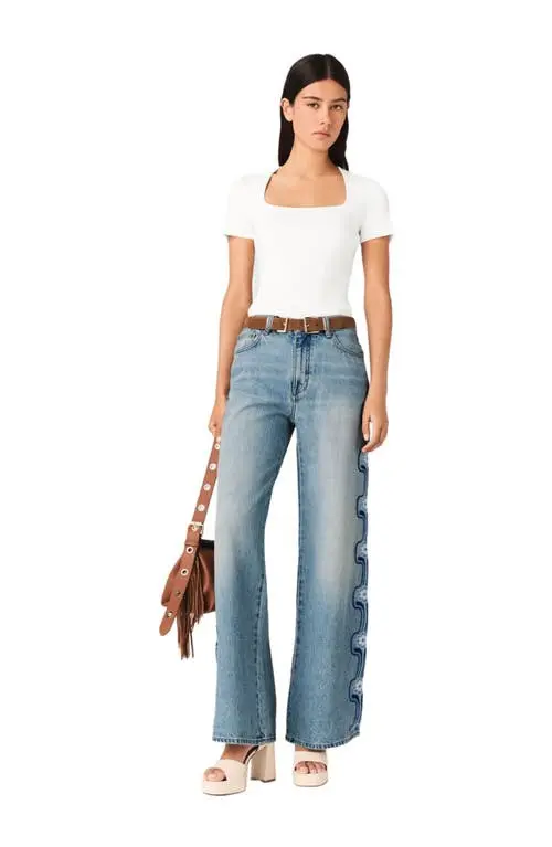Maje Floral Embroidered Wide-leg Jeans