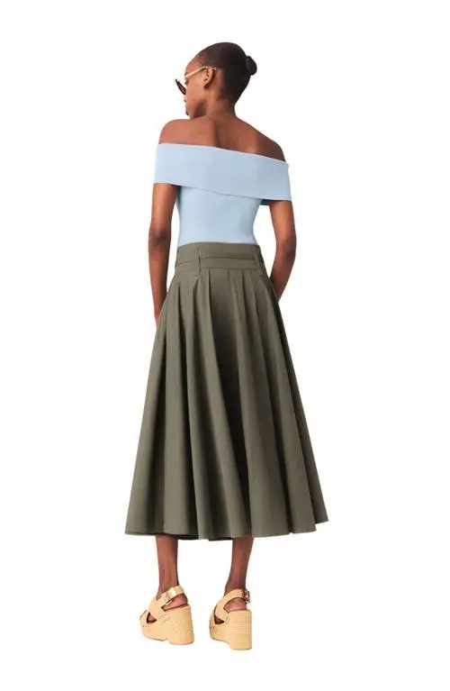 Maje Cotton Pleated Maxi Skirt - Khaki