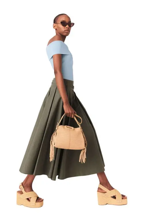 Maje Cotton Pleated Maxi Skirt - Khaki