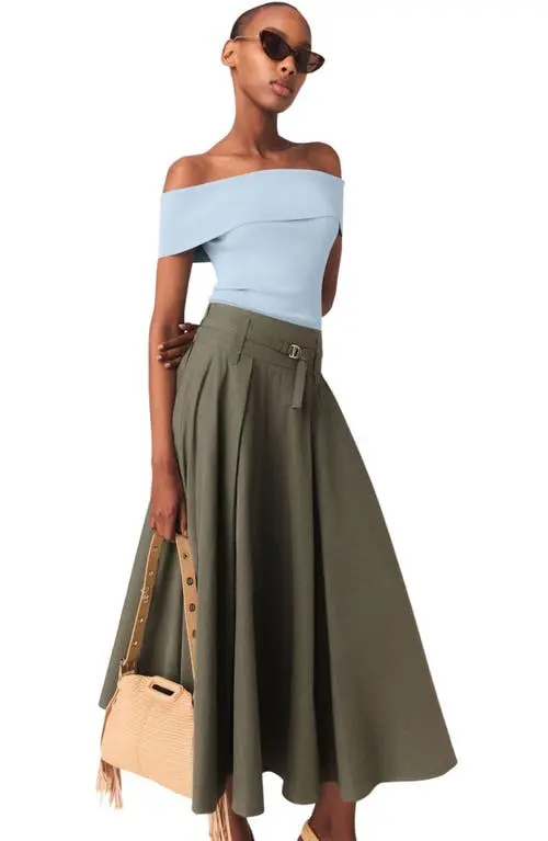 Maje Cotton Pleated Maxi Skirt - Khaki