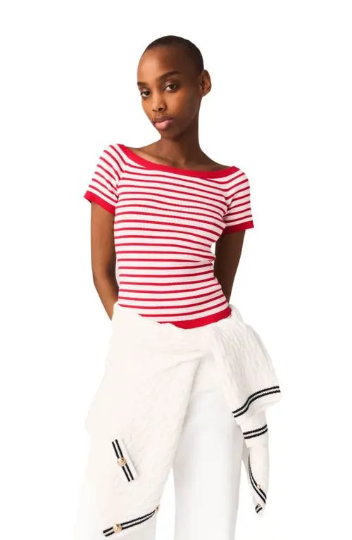 Maje Striped Knit Top With Boat Neck - Red