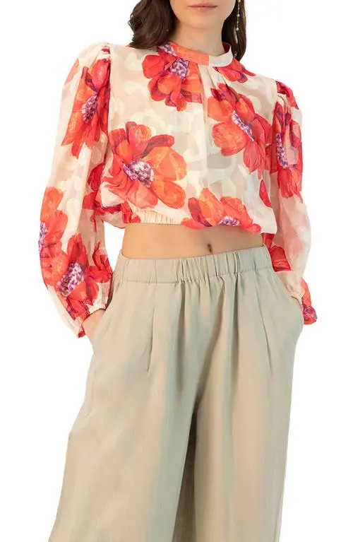 IVONNE Printed Blouse With Pleated Round Neck