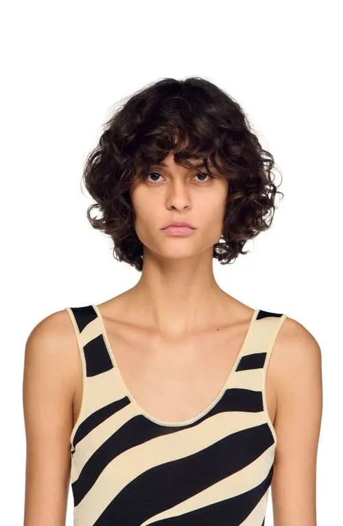 Sandro Zebra Print Knit Bodysuit - Ecru/black