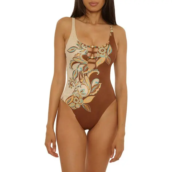 Lucky Brand Toledo Beaded Faux Suede One-piece Swimsuit - Brown Multi