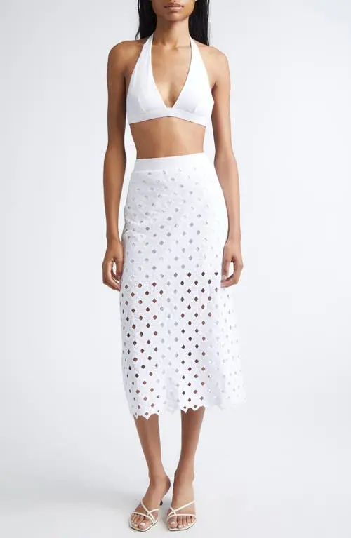 Max Mara Embroidered Jersey Eyelet Midi Skirt - Optical White