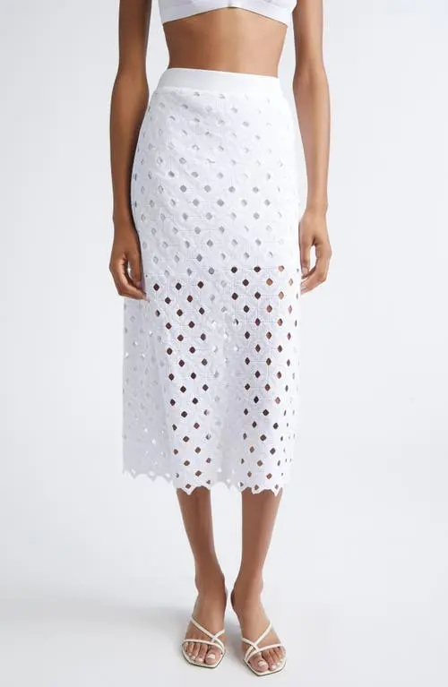 Max Mara Embroidered Eyelet Jersey Midi Skirt - Optical White