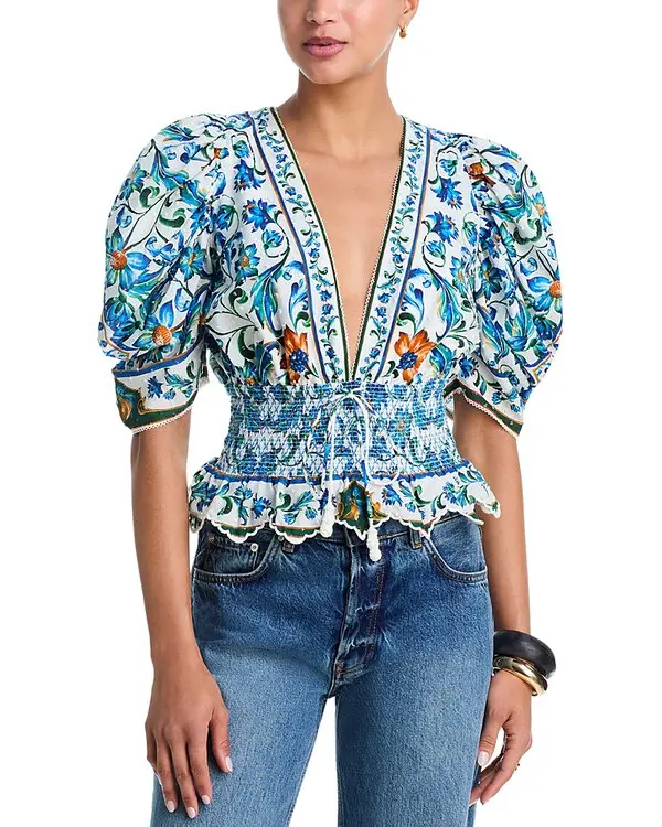 Farm Rio Plunging Neck Blouse - Flora Tile