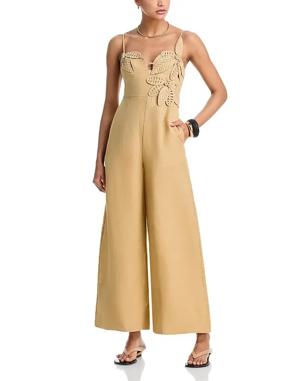 Farm Rio Floral Applique Wide Leg Jumpsuit - Sand