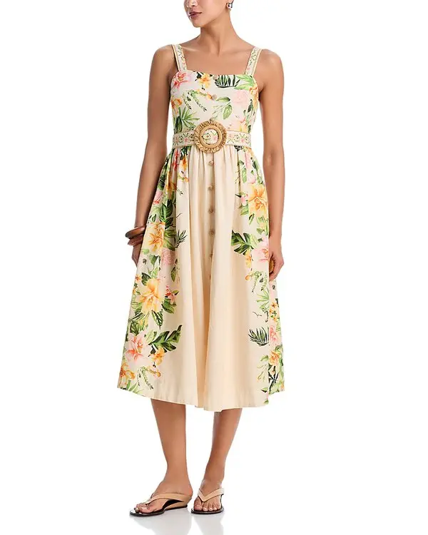 Moon River Belted Floral Midi Dress
