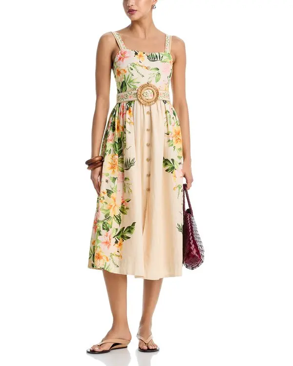 Moon River Belted Floral Midi Dress