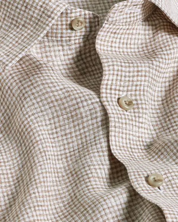 David Donahue Linen Check Shirt - White/ Dune
