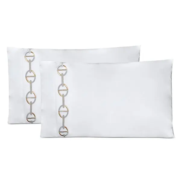 DEA LUXURY LINENS Chaine Embroidered Sateen Pillowcase Pair, King - White/moka