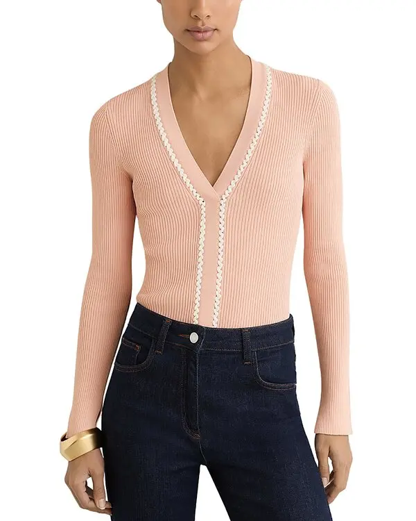 REISS Lauri Craft Stitch Trim Top - Pink/ivory